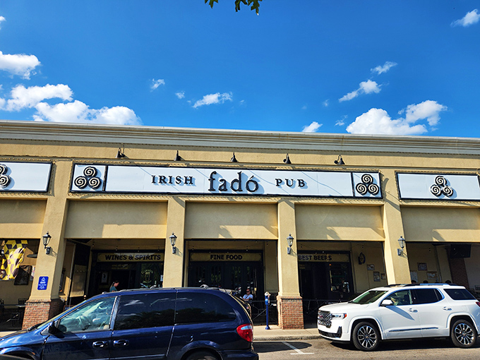 The welcoming façade of Fadó Irish Pub stands proudly in Columbus, promising authentic Irish comfort under bright Ohio skies.