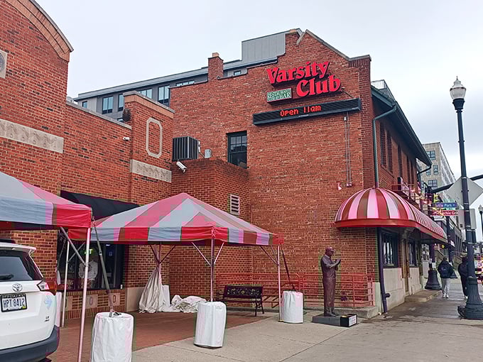 That iconic red and white awning isn't just a canopy—it's a beacon calling hungry Buckeye fans home. A Columbus landmark that promises good times inside.