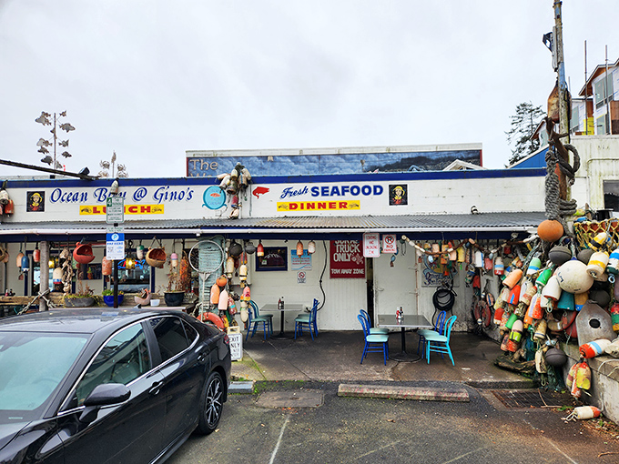 The blue-and-white façade of Ocean Bleu beckons like a maritime flag, complete with whimsical metal seahorses standing sentinel above Newport's tastiest seafood outpost.