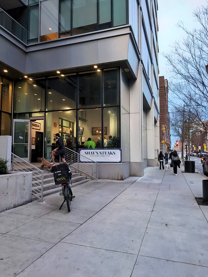 Behind this sleek glass facade lies Philadelphia's best-kept secret for premium steak sandwiches that redefine expectations.