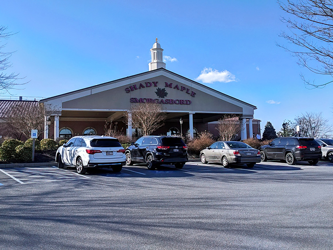 The grand entrance to Shady Maple Smorgasbord stands like a temple to abundance, promising culinary salvation to all who enter its hallowed doors.