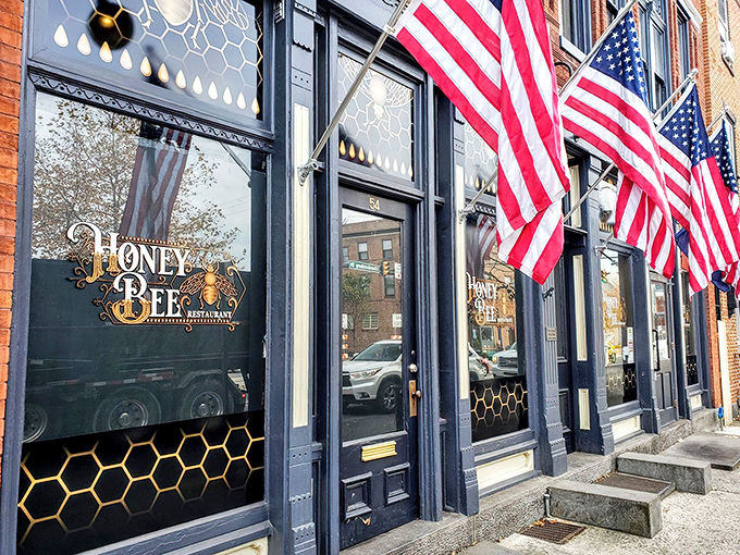 The Honey Bee's storefront practically buzzes with welcome—honeycomb-patterned windows and proud American flags invite you into this Gettysburg gem.