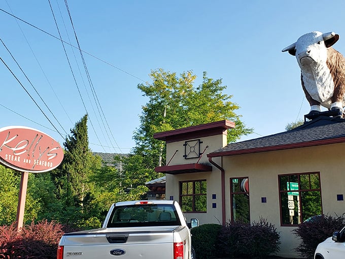 That's not just any cow on the roof – it's a bovine ambassador beckoning you to carnivorous paradise at Kelly's in Boalsburg.