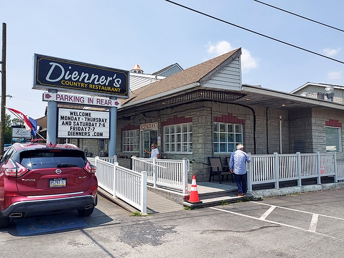 The unassuming exterior of Dienner's Country Restaurant beckons hungry travelers with its simple charm and promise of authentic Amish cooking that's worth the journey.