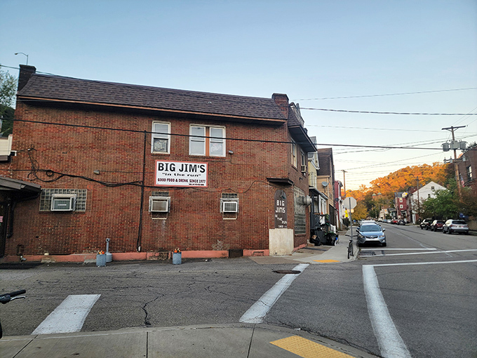 The unassuming brick exterior of Big Jim's stands like a culinary speakeasy in Pittsburgh's Four Mile Run neighborhood. No fancy frills, just fantastic food inside.