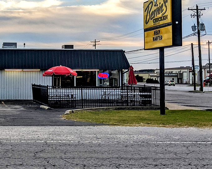 Bernie's modest exterior with its blue metal roof and glowing "OPEN" sign isn't trying to win architectural awards—it's saving all that energy for what's on your plate.
