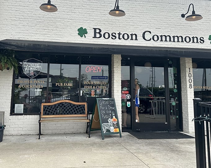Boston Commons welcomes you with its charming white brick façade, shamrock accents, and inviting bench—the perfect prelude to the British-Irish culinary adventure waiting inside.