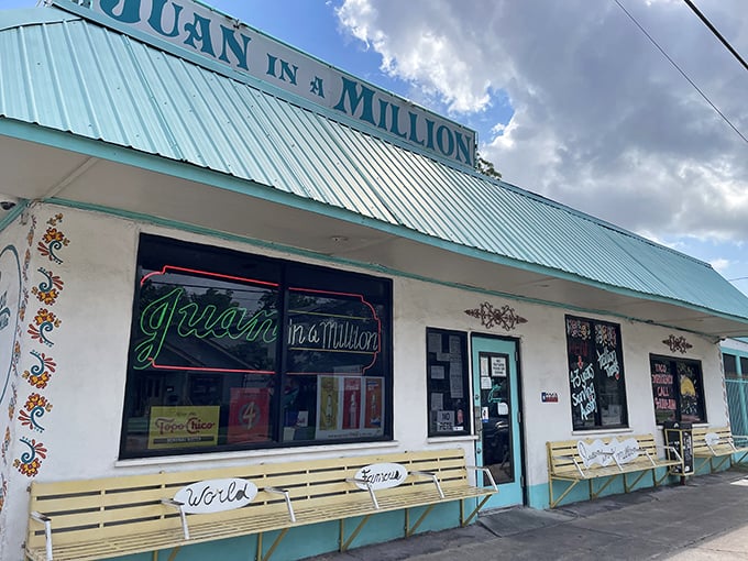 The turquoise exterior of Juan in a Million stands as an Austin landmark, promising breakfast taco nirvana behind its unassuming façade.