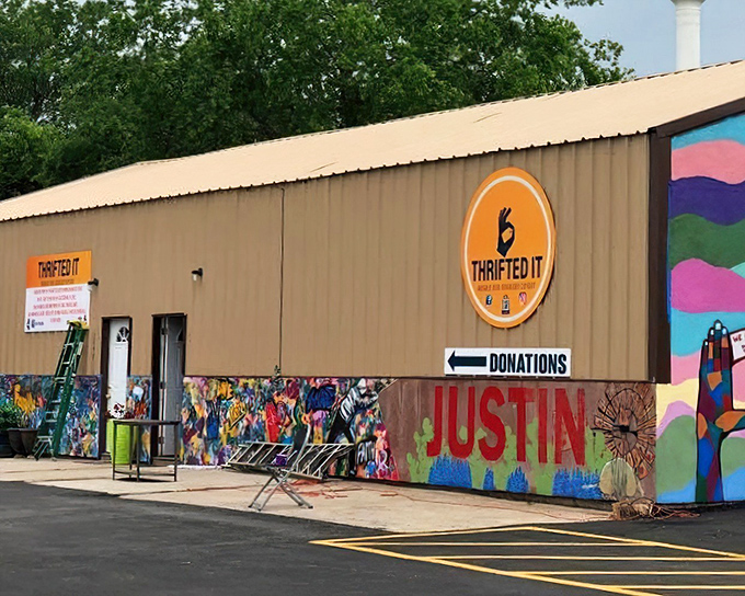 The exterior of Thrifted It announces itself with vibrant murals and bold colors, like a treasure chest that can't contain its excitement about what's inside.