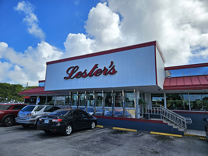 Lester's iconic red and white exterior stands like a beacon of hope for the hungry, promising comfort food salvation inside.