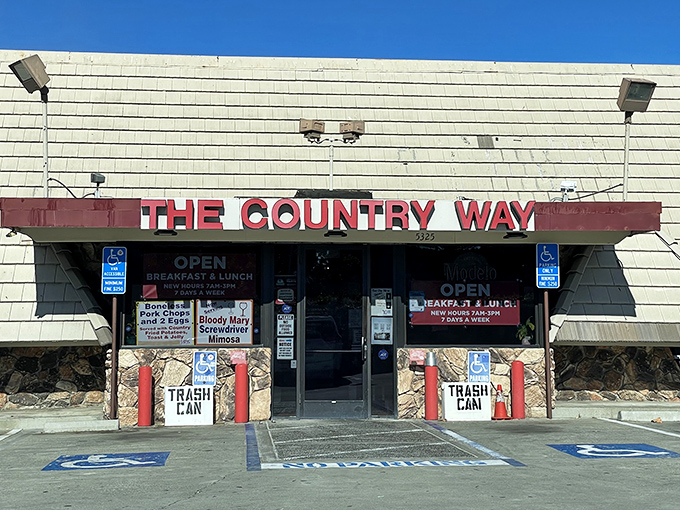 The unassuming exterior of Country Way in Fremont hides a breakfast paradise within. Those trash cans out front? They're not decorative—they're necessary for all the clean plates this place produces.