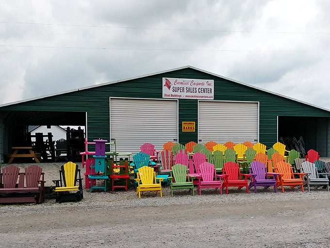 Rainbow warriors standing at attention! These vibrant Adirondack chairs aren't just furniture—they're mood-enhancing therapy sessions waiting to happen in your backyard.