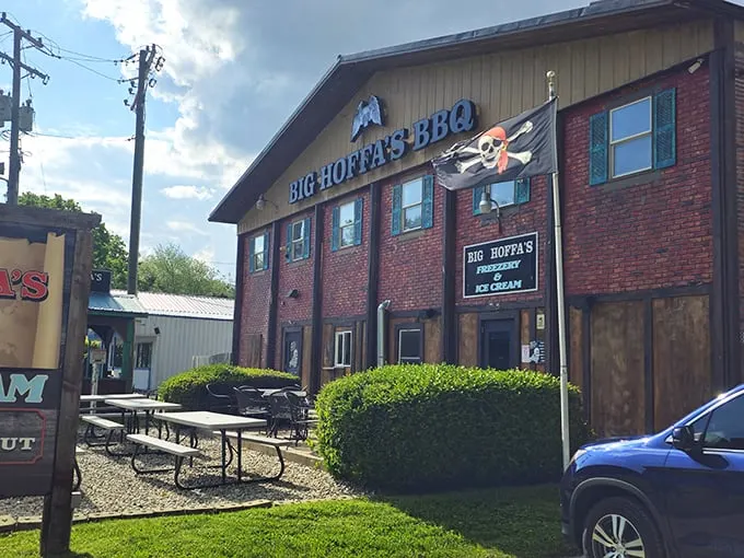 The pirate flag flying proudly above Big Hoffa's brick exterior isn't just decoration—it's a warning that your diet is about to walk the plank.