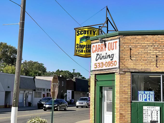 The vintage yellow sign beckons like a lighthouse for the hungry—a no-frills promise of Detroit's finest fish and chips awaiting inside.