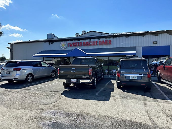 The unassuming exterior of Twisted Biscuit Diner in Tavares hides a carb-lover's paradise within. Blue awnings and a simple sign—the Clark Kent disguise of superhero breakfast spots.