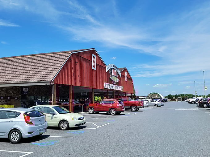 The iconic red barn structure of Oregon Dairy's restaurant welcomes hungry travelers like a beacon of breakfast hope in Lancaster County's rolling farmland.