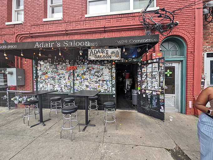 The sticker-plastered facade of Adair's Saloon stands as Deep Ellum's ultimate "don't judge a book by its cover" statement. Texas authenticity at its finest.
