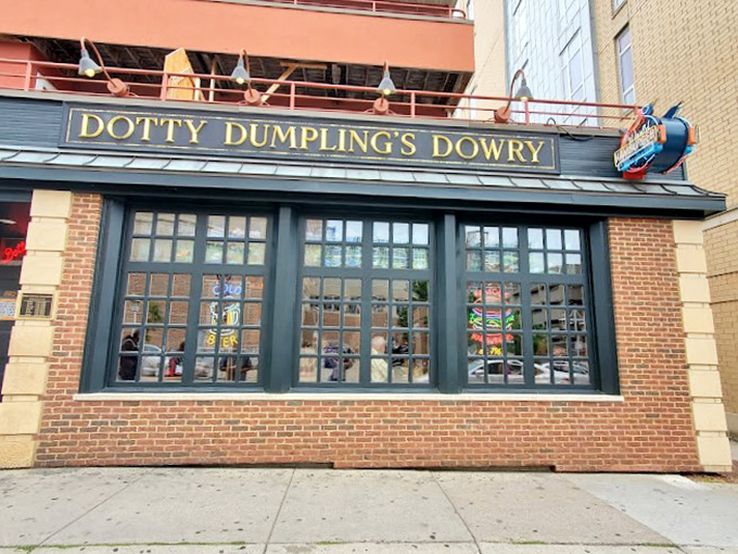 The brick facade of Dotty Dumpling's Dowry beckons like an old friend, promising burger bliss behind those welcoming windows. 