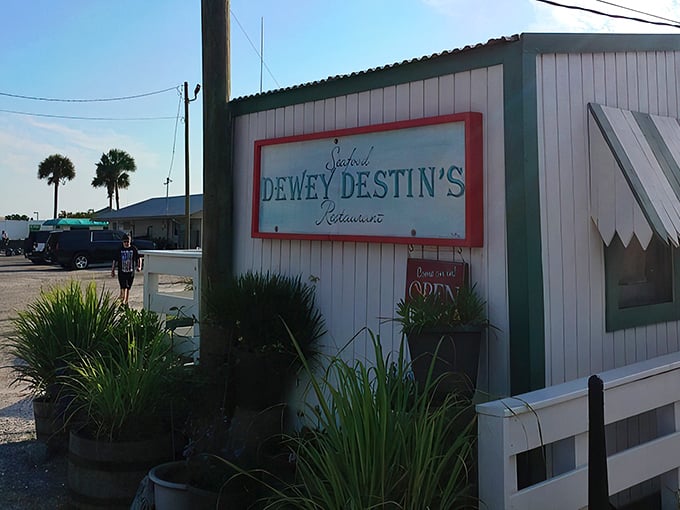 The unassuming entrance to seafood paradise – where the best Florida restaurants often hide behind modest exteriors and weathered white clapboard.