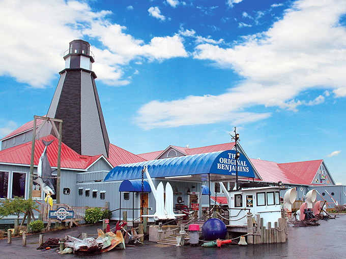 The lighthouse at Benjamin's doesn't guide ships to shore—it guides hungry seafood lovers to what might be the most epic buffet on the East Coast.