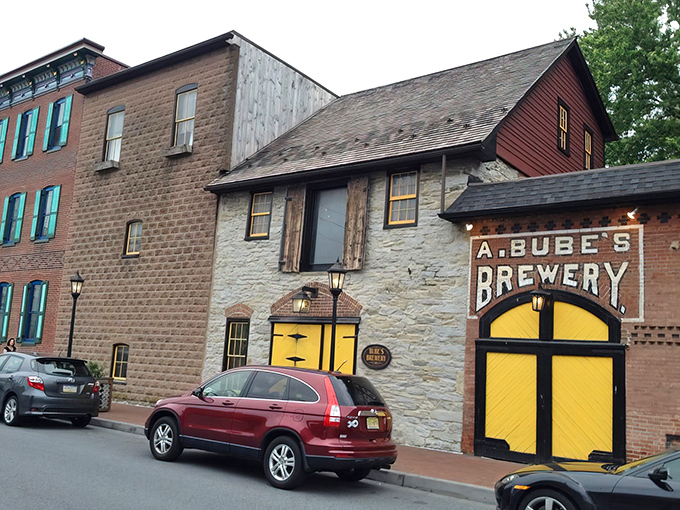 The historic façade of Bube's Brewery stands as a time capsule in brick and stone, inviting curious travelers to step back into Pennsylvania's brewing past. 