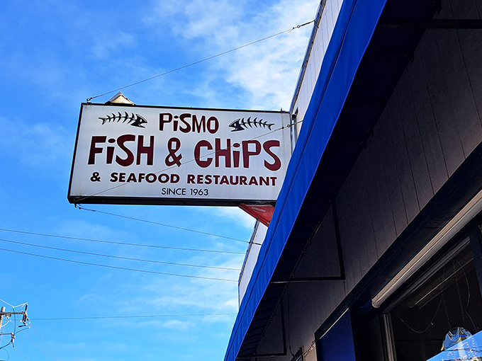 The unassuming blue-trimmed exterior of Pismo Fish and Chips hides culinary treasures within – proof that the best seafood joints often come without fancy frills.