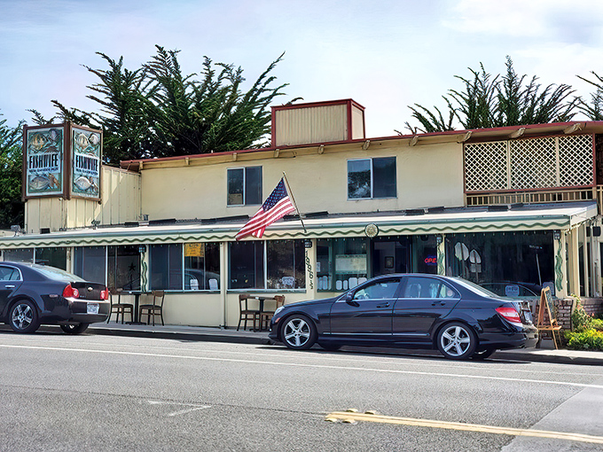 The unassuming exterior of Fishwife in Pacific Grove might fool you, but locals know this seafood sanctuary is worth finding. American flag included, no extra charge.