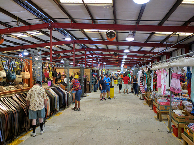 The indoor clothing section stretches endlessly, where fashion meets function under industrial lighting that somehow makes everything look fabulous.