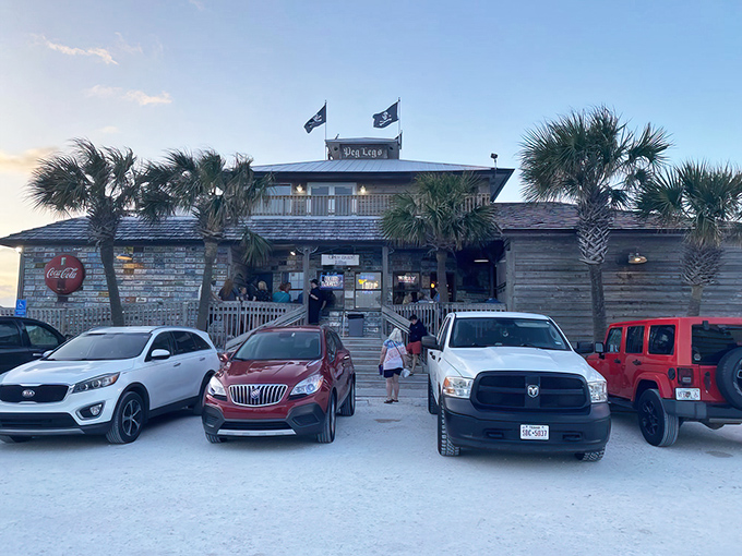 Pirate flags flying high above this weathered wooden treasure chest of a restaurant. The stairway practically beckons "Ahoy, hungry mateys!"