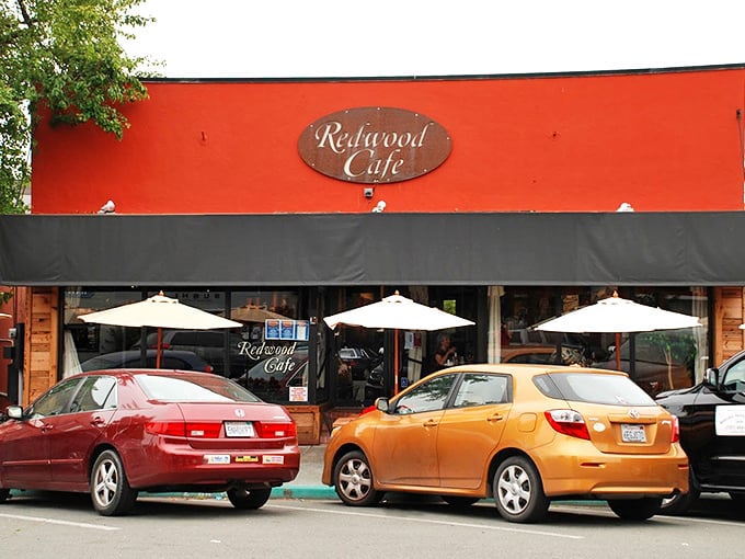 The vibrant red exterior of Redwood Cafe stands out like a culinary beacon in Cotati, promising comfort food worth the journey.