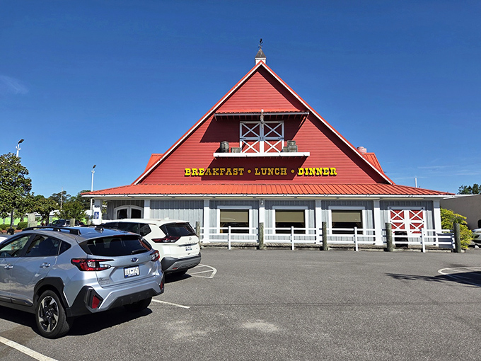 The iconic red barn roof isn't just architectural showmanship—it's a beacon of breakfast hope standing proud against the South Carolina sky.