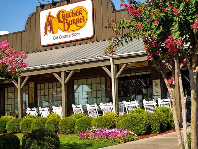 The iconic Cracker Barrel facade welcomes you like an old friend, complete with those signature rocking chairs practically begging for a pre-meal sit.