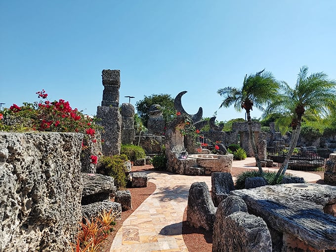 Massive coral formations reach toward the Florida sky, creating a surreal landscape that makes you wonder if you've stumbled onto an ancient alien construction site.