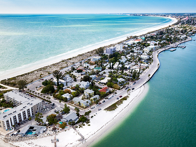 Paradise from above! This aerial view shows why Pass-a-Grille is Florida's best-kept secret—water on three sides and not a high-rise in sight.