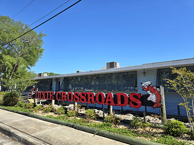 Old Florida charm meets seafood paradise at Dixie Crossroads, where those iconic white roofs and swaying palms promise delicious adventures await inside.