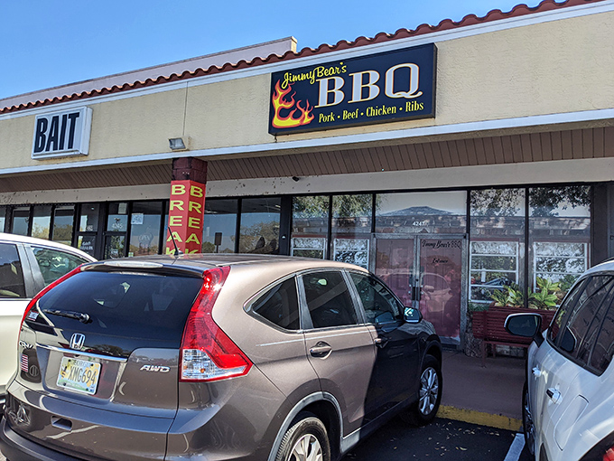 The unassuming storefront hides culinary treasures within. That vintage VW bus in the parking lot? Consider it your first clue that Jimmy Bear's isn't your average strip mall eatery.