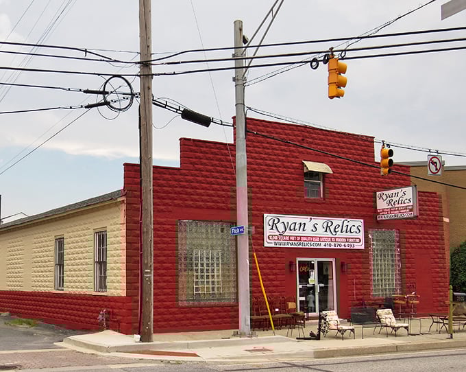 The crimson facade of Ryan's Relics stands out like a beacon for treasure hunters. This isn't just a store—it's an invitation to adventure.