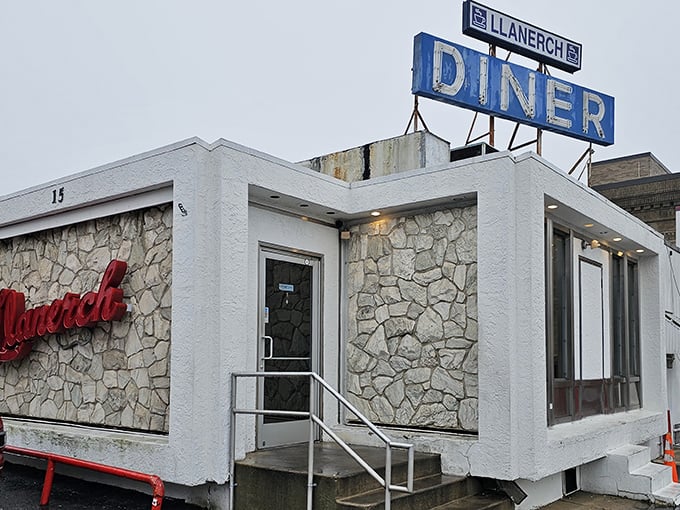 The iconic stone facade and vintage signage of Llanerch Diner stands as a beacon of breakfast hope for hungry Pennsylvania travelers.