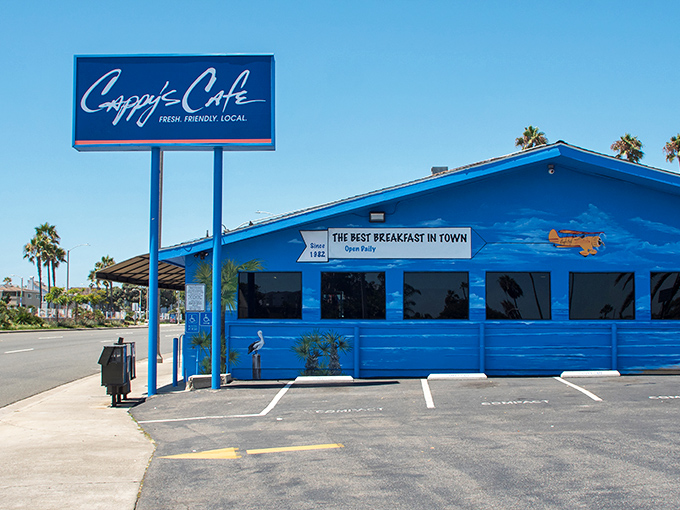 Cappy's blue exterior stands out against the California sky like a beacon for breakfast enthusiasts seeking their morning salvation.