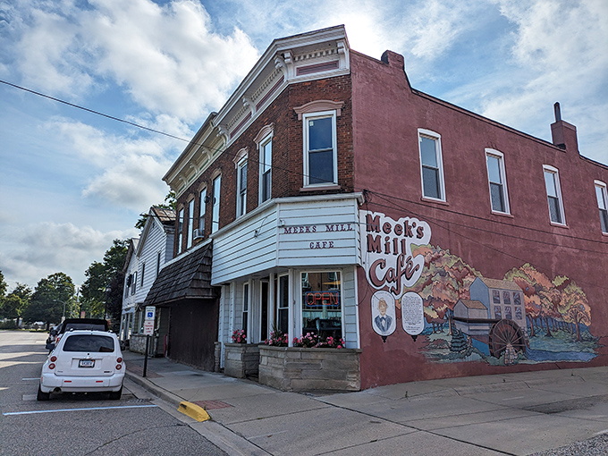 The unassuming exterior of Meeks Mill Cafe stands as a testament to the old adage: never judge a book—or in this case, a breakfast burrito—by its cover.