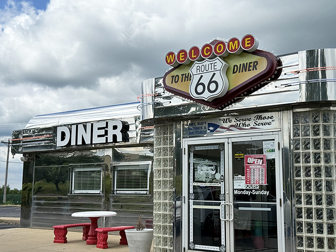 The gleaming stainless steel exterior of Route 66 Diner isn't just eye-catching—it's a time machine disguised as a building. Welcome to nostalgia central.