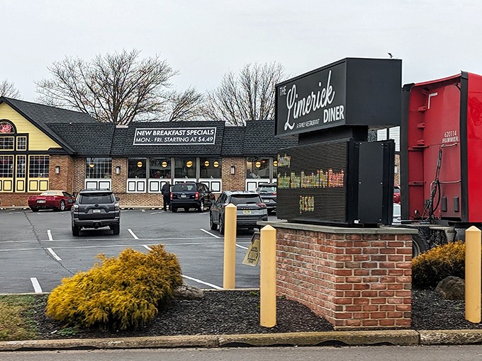 The classic brick exterior of Limerick Diner stands like a beacon for hungry travelers. That sign promises breakfast salvation at prices that won't break the bank.
