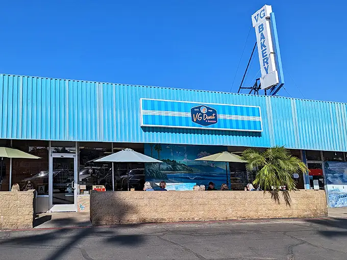 The unmistakable turquoise exterior of VG Donut & Bakery stands out like a sugary oasis on Cardiff's San Elijo Avenue, beckoning carb enthusiasts from miles around.