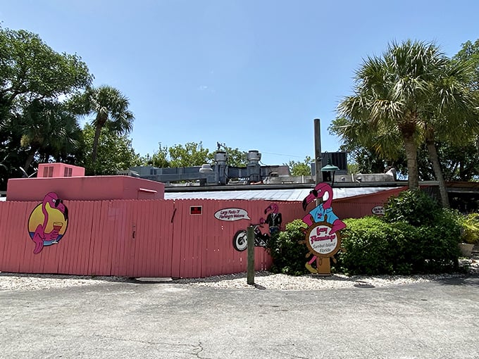 The pink paradise you've been searching for! Lazy Flamingo's vibrant exterior promises Florida fun with a side of serious seafood satisfaction.