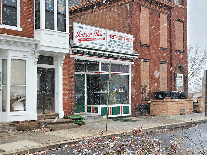 The brick facade of The Jackson House stands resolute against winter's chill, a humble temple of sandwich artistry waiting to welcome hungry pilgrims.
