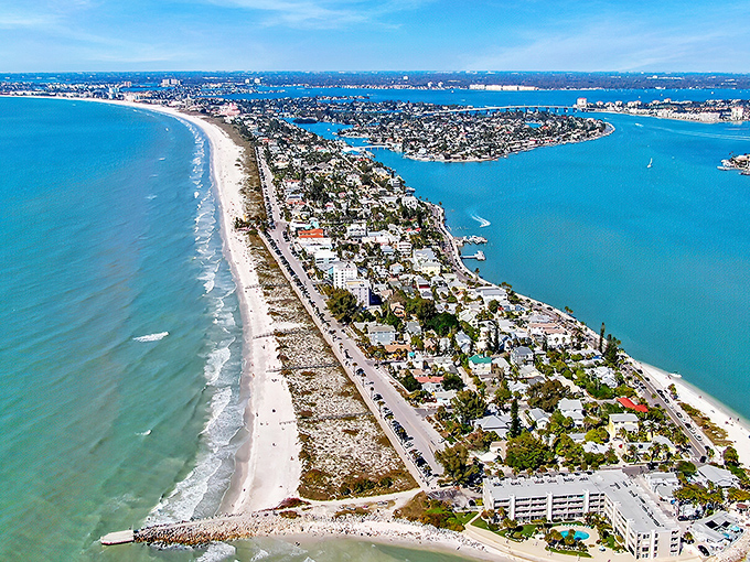 Paradise from above! This aerial view shows why Pass-a-Grille is Florida's best-kept secret—water on three sides and not a high-rise in sight.