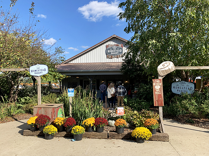 The welcoming facade of The Homestead Bakery, where colorful mums and rustic signage promise sweet treasures within. A slice of Amish country heaven awaits.