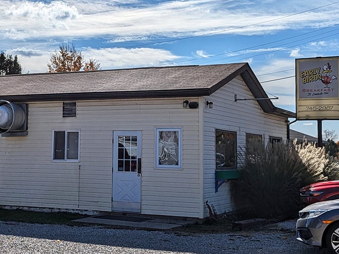 The unassuming exterior of Early Birds Breakfast might not stop traffic, but the license plates in the parking lot tell the real story – people travel for this food.