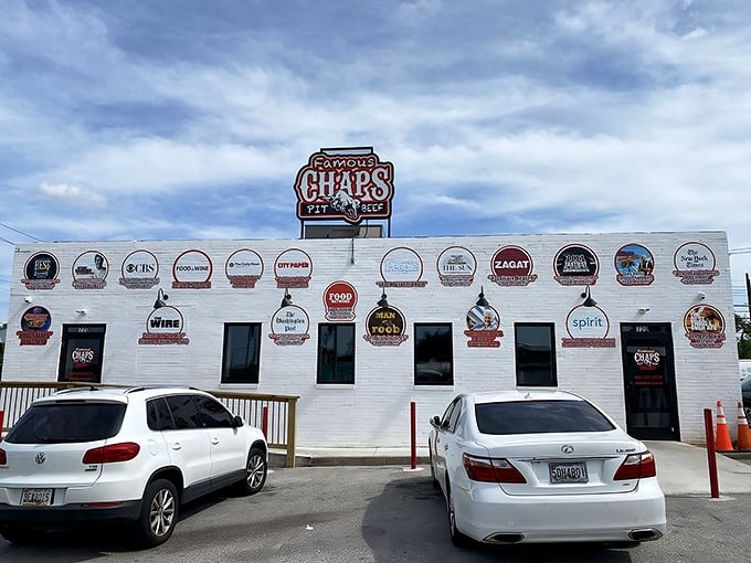 The wall of fame says it all – Chaps Pit Beef isn't just a restaurant, it's a Baltimore institution that's earned every accolade displayed on that humble white brick exterior.