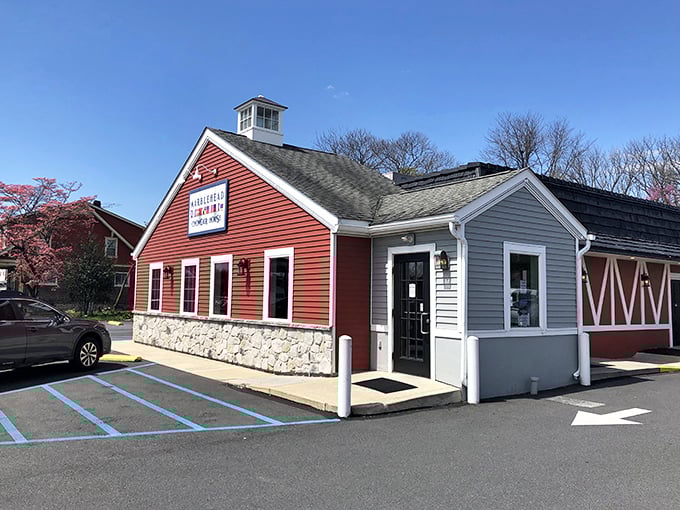 The iconic red barn exterior of Marblehead Chowder House stands like a New England lighthouse beacon in Pennsylvania, promising seafood salvation for the landlocked.